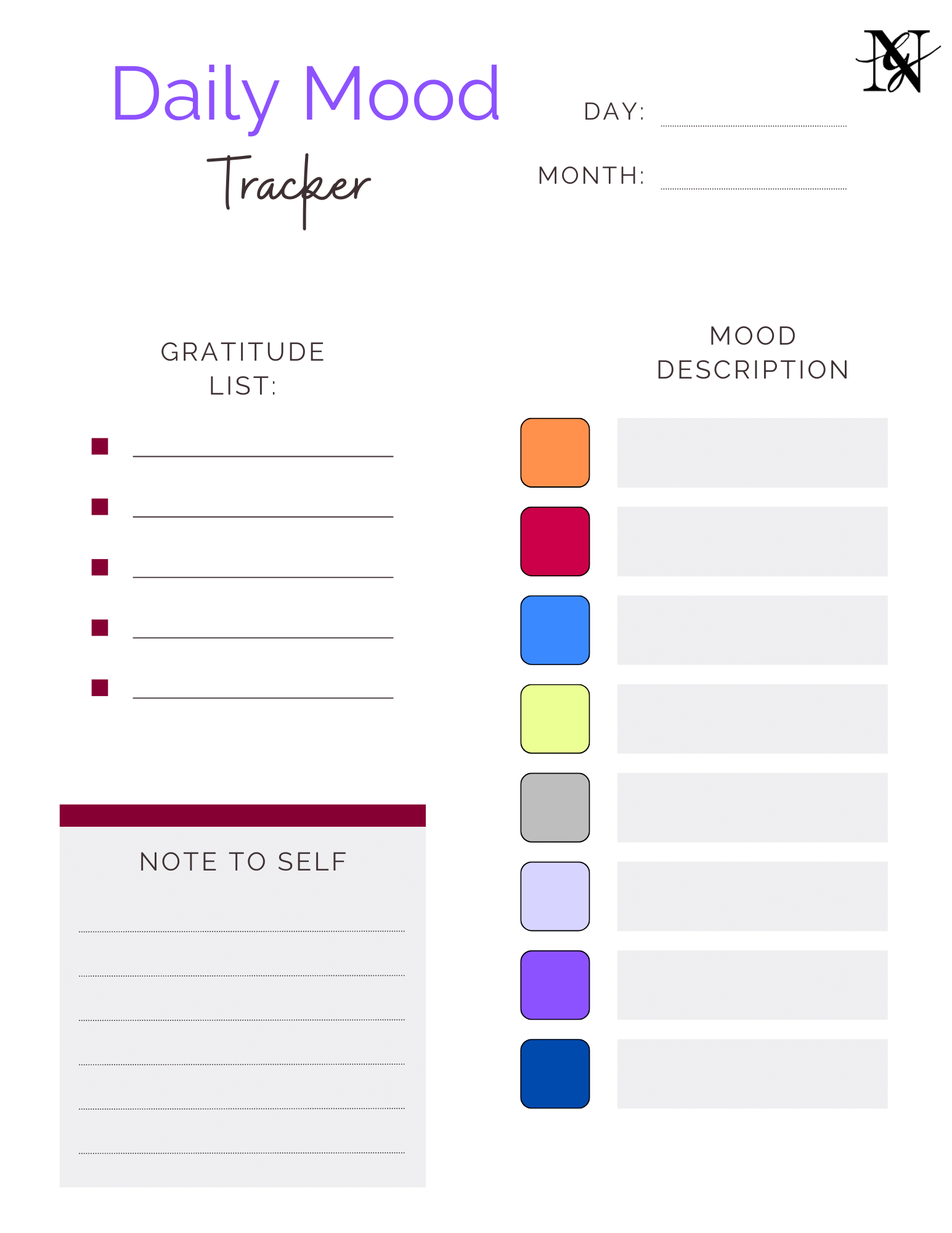 Free Monthly Mood Tracker Printable including January